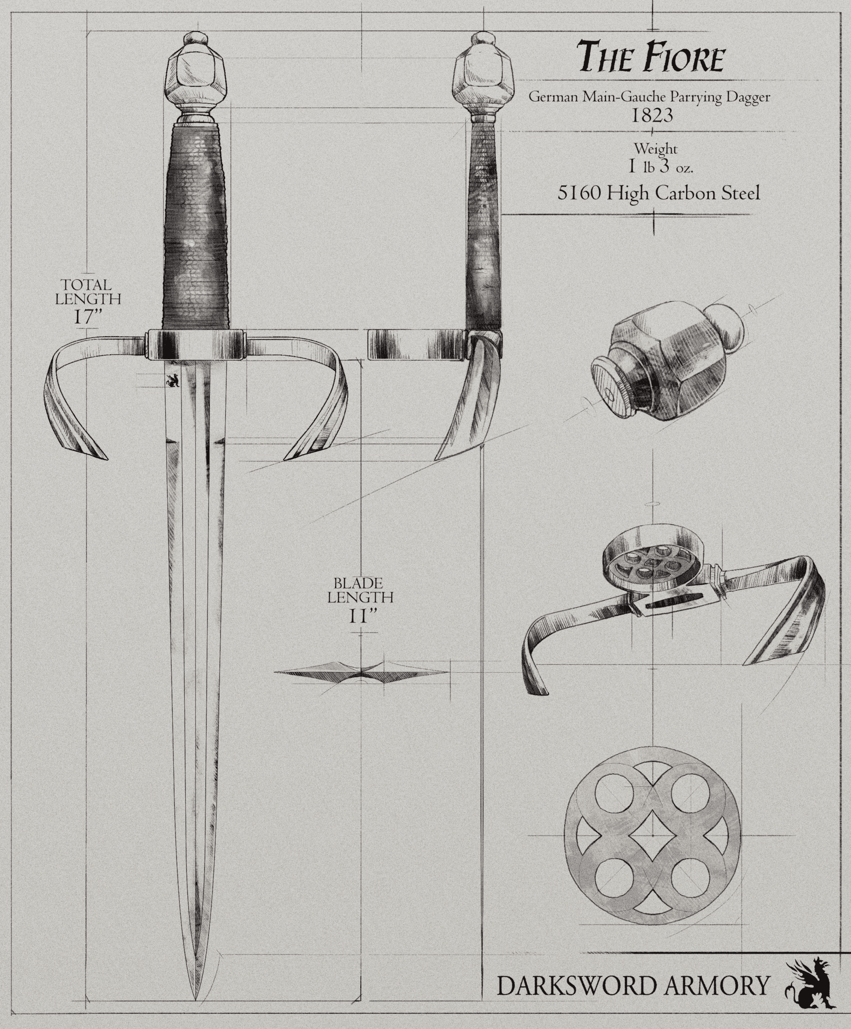 "The Fiore" German Main-Gauche Parrying Dagger (1823) - Darksword Armory